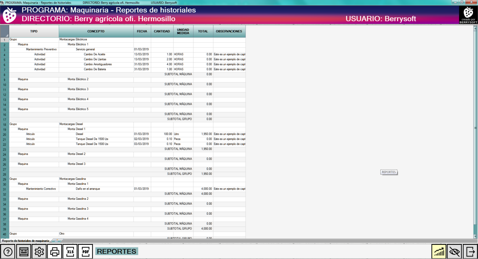 Maquinaria reportes historiales | Berrysoft